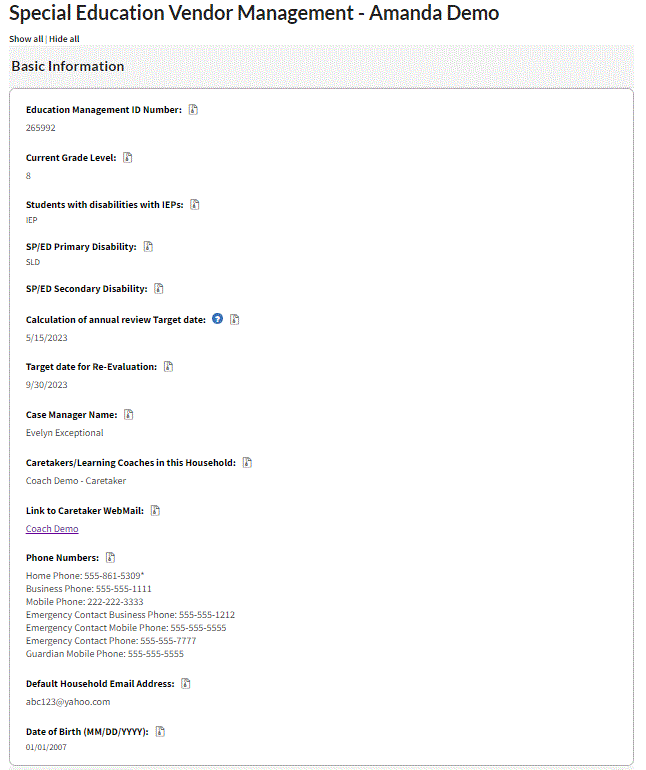 What is the Special Education Vendor Management Data View